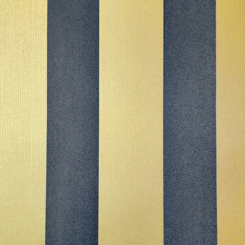 Latitude Run® Wallpaper Flocking Navy Blue Gold Metallic Flocked Striped Velvet Flock Stripes ...